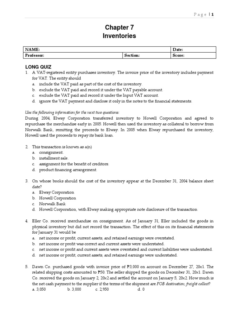 Chapter 7 Inventories Quiz and Answers | PDF | Cost Of Goods Sold ...