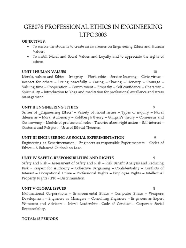 Ge8076 Professional Ethics in Engineering LTPC 3003 | PDF | Morality | Risk
