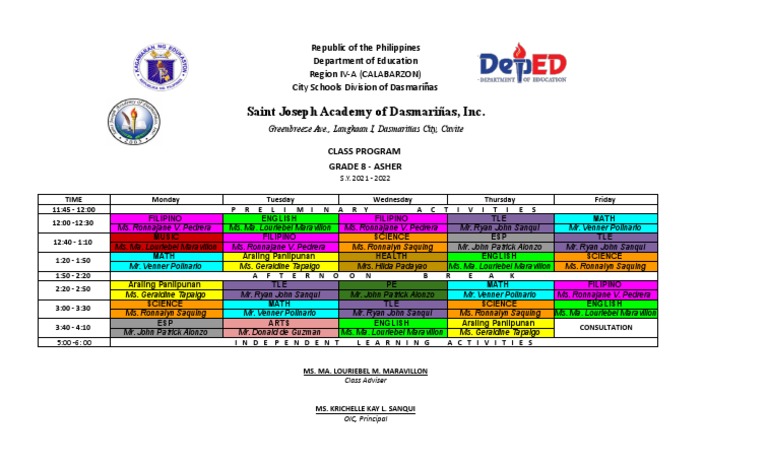 Grade 8 Asher Class Program Pdf