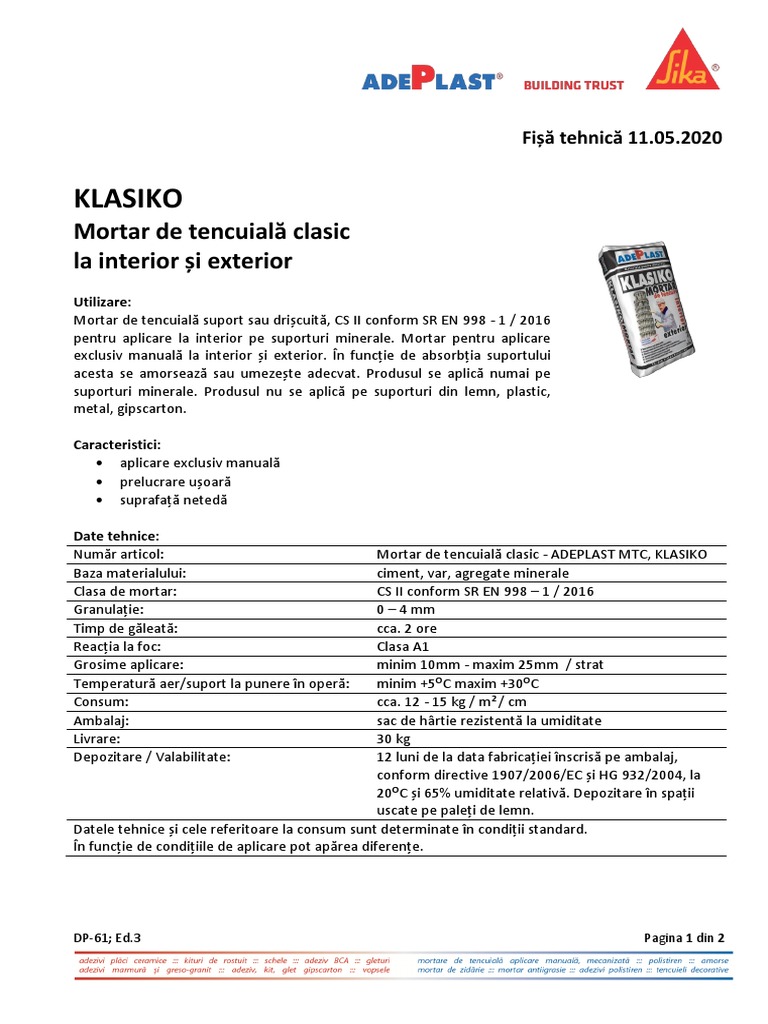 680 Fisa Tehnica ADEPLAST KLASIKO | PDF