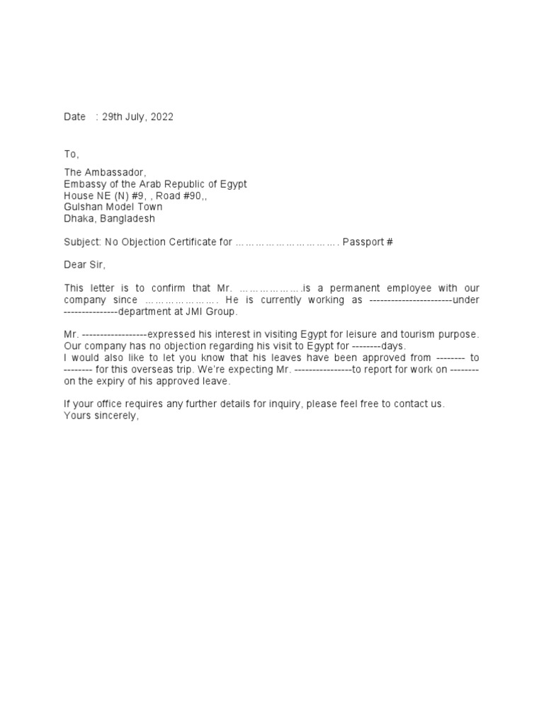 NOC Format For Tourist Visa | PDF