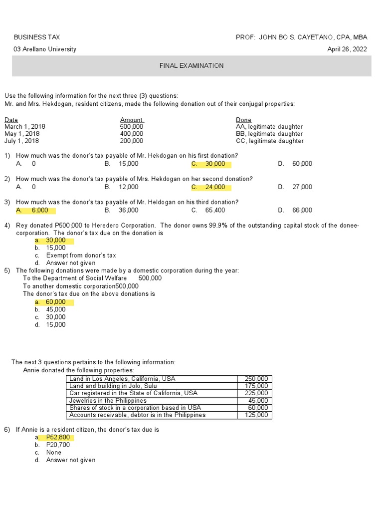 Au Business Tax Final Exam | PDF | Value Added Tax | Taxes