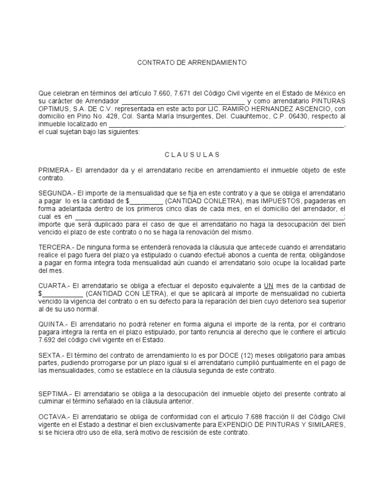 Contrato Edo Mex Machote | PDF | Alquiler | Pagos
