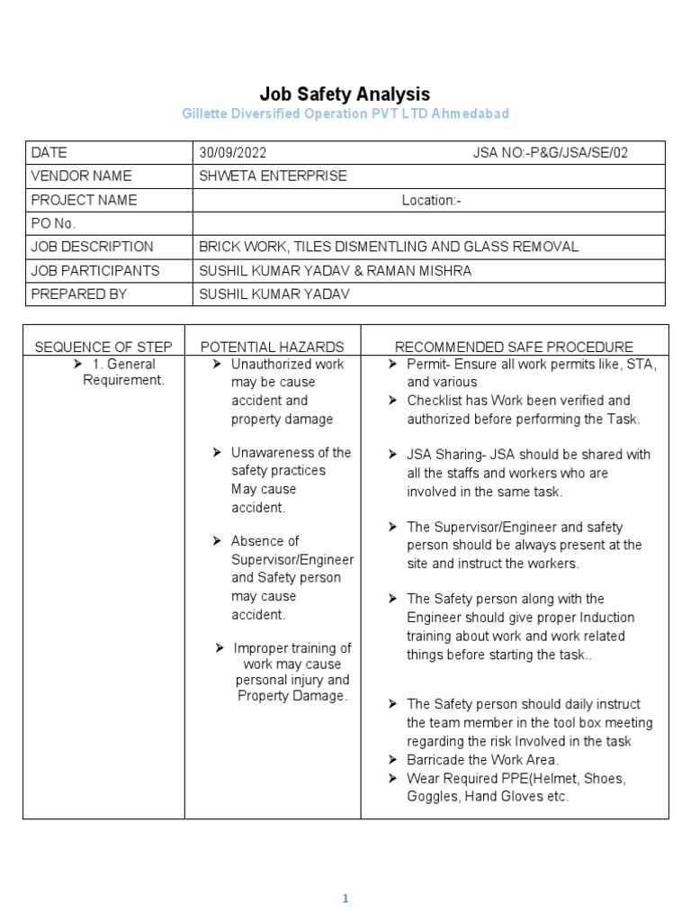 Jsa For Brick Work | PDF | Safety | Occupational Safety And Health
