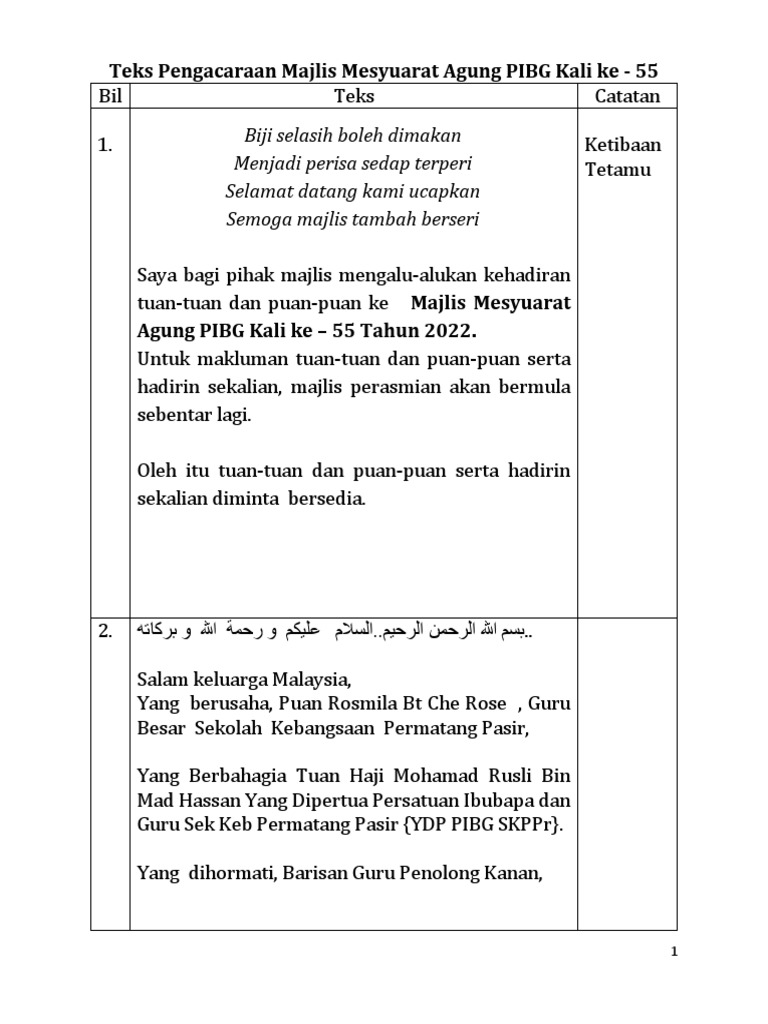 Teks Pengacaraan Majlis Mesyuarat Agung PIBG Kali Ke 54 2021 2022 | PDF