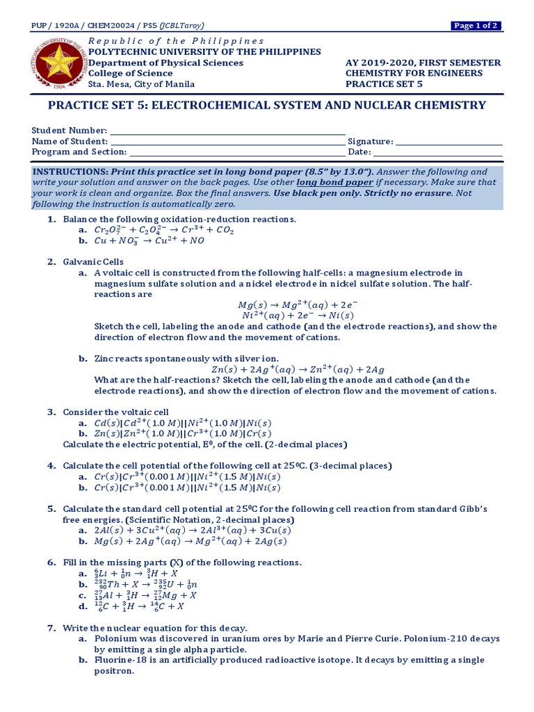 Practice Set 5: Electrochemical System and Nuclear Chemistry | PDF ...
