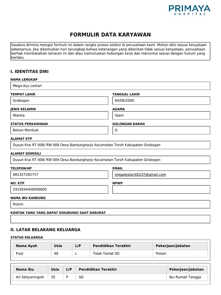 Form Lamaran - Mega Ayu Lestari | PDF