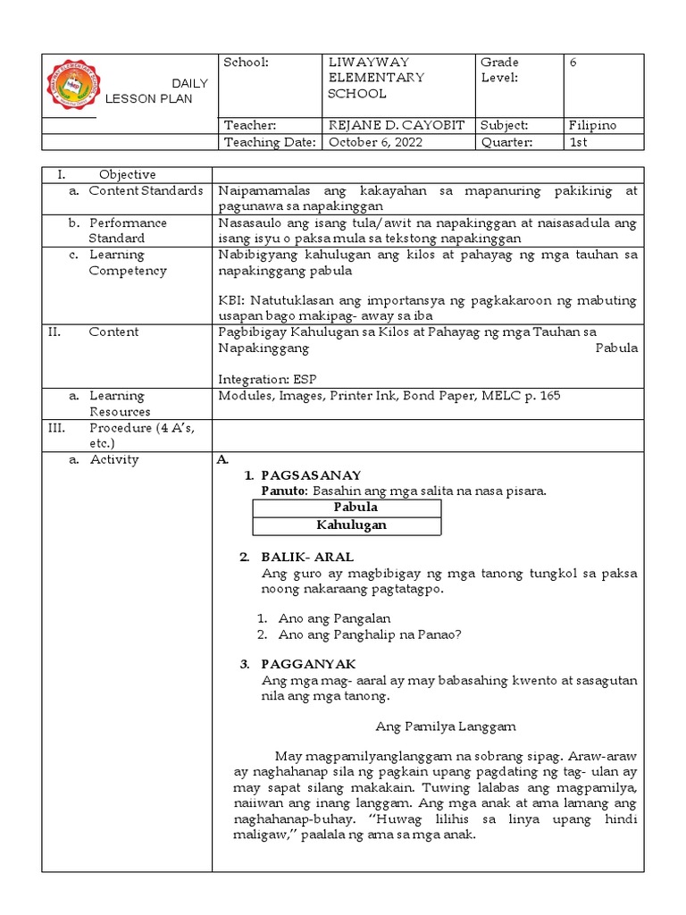 LP Filipino Grade 6 - October 10, 2022 - Module 4 | PDF