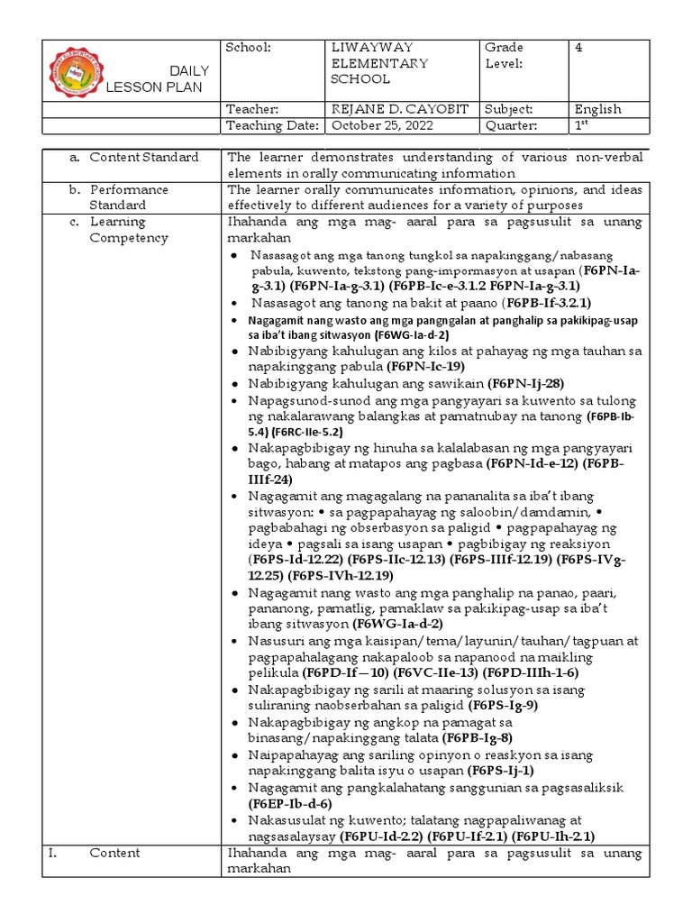LP Filipino Grade 6 - October 25 2022 - Module 1 - Review | PDF