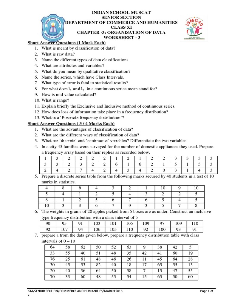 Class Xi Statistics For Economics Organisation of Data Worksheet 3 2018 ...