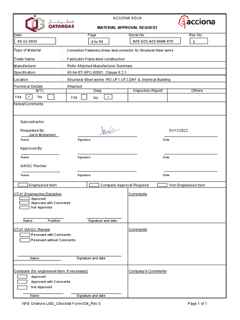 Checklist Form-034 - Rev.0-NFE Material Approval Request Form | PDF | Real Estate | Economic Sectors