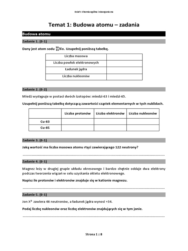 Temat 1 - Budowa Atomu Zadania | PDF