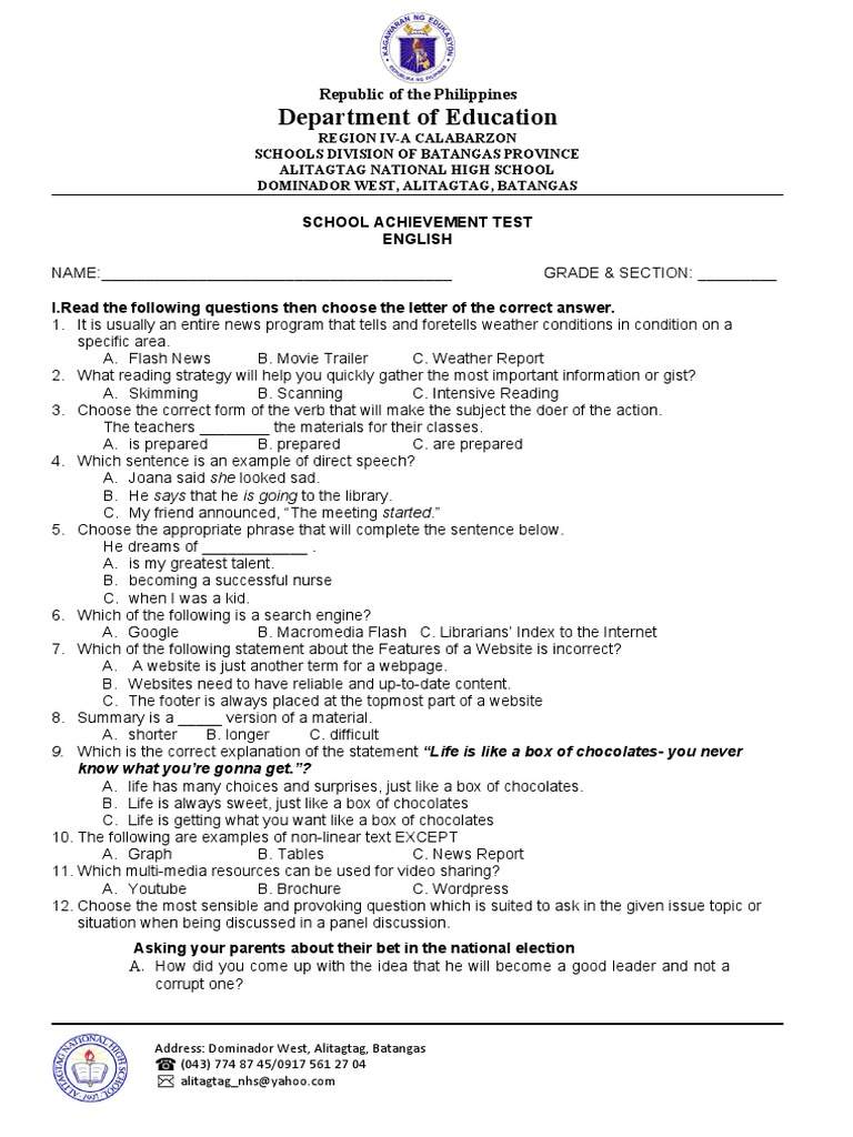 Grade 9 English Achievement Test | PDF | Communication