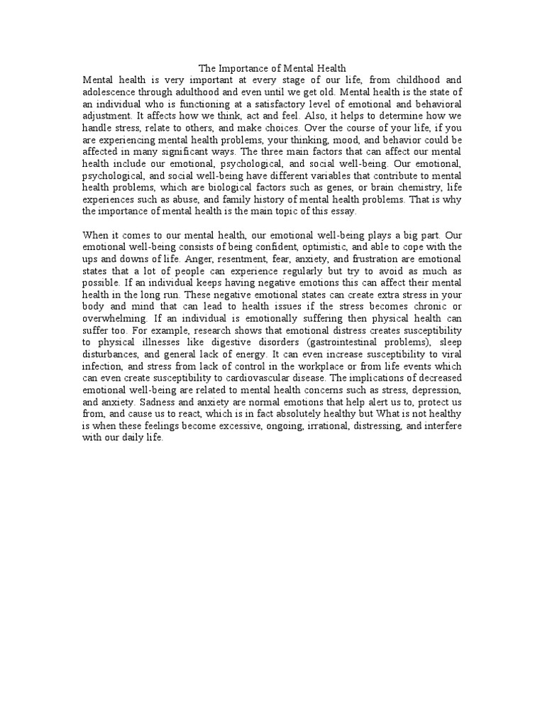 The Importance of Mental Health | PDF | Stress (Biology) | Mental Health