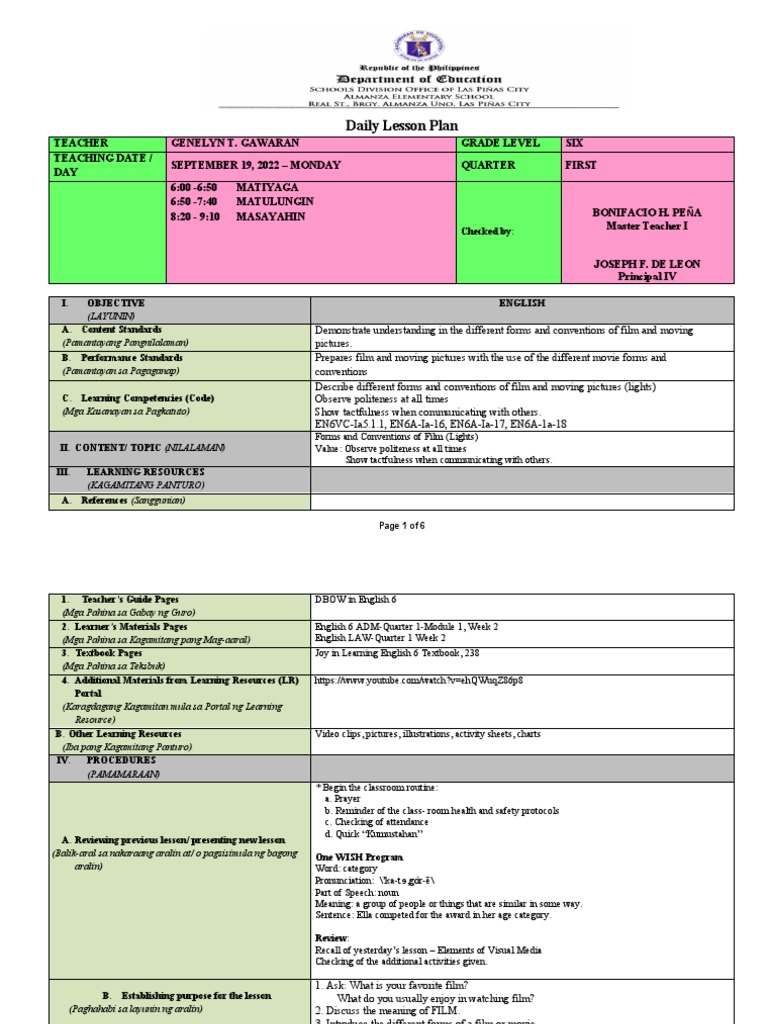 Daily Lesson Plan on Forms and Conventions of Film with a Focus on ...