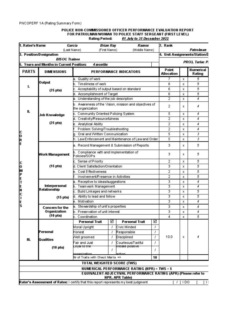 Police Performance Evaluation Summary | PDF | Non Commissioned Officer ...