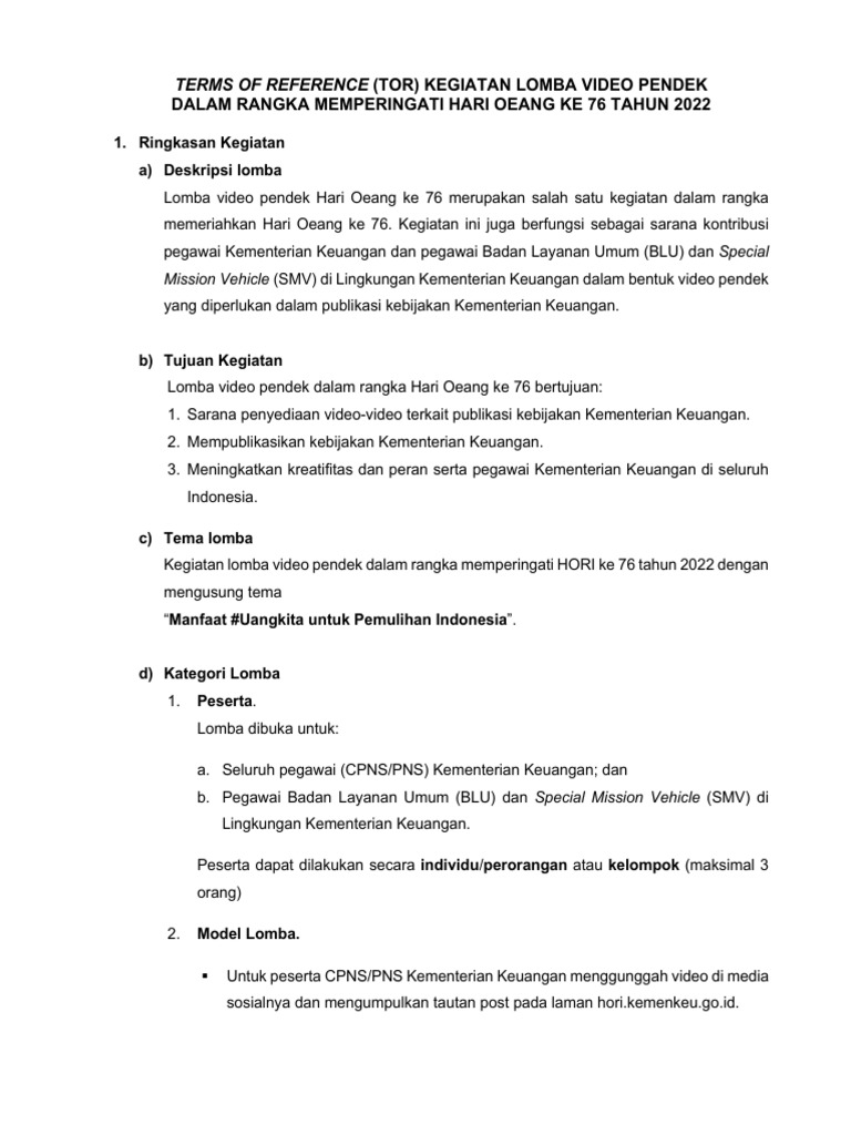 TOR Lomba Video Pendek HORI 76 | PDF