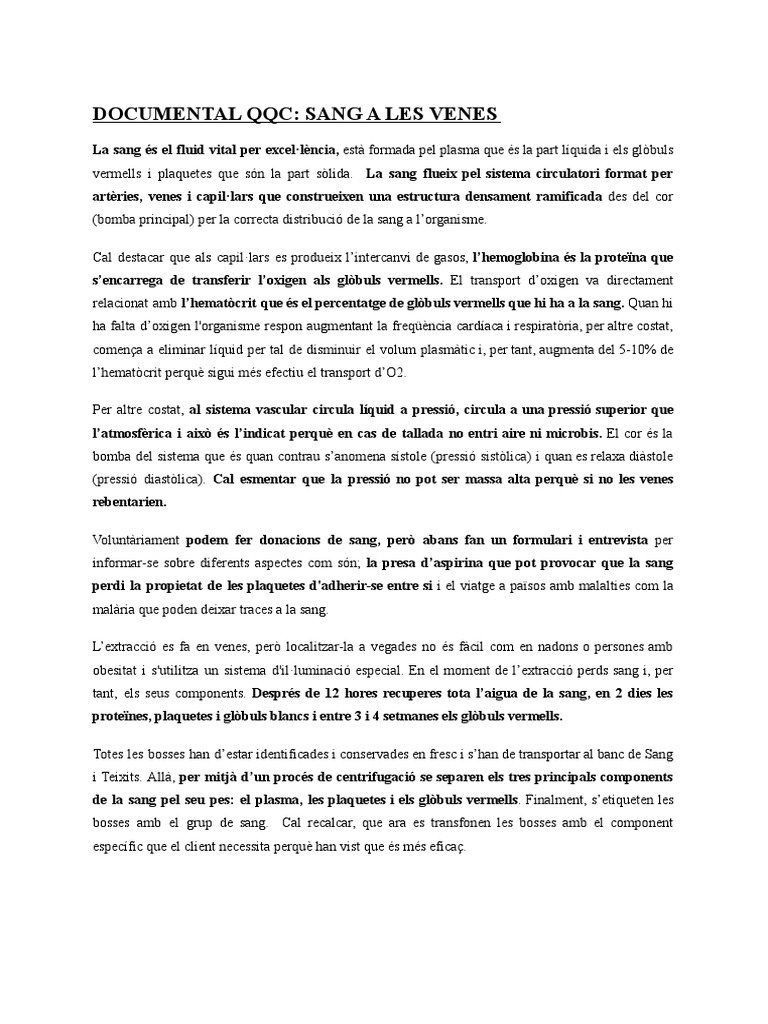 Resum Documental QQC Sang A Les Venes | PDF