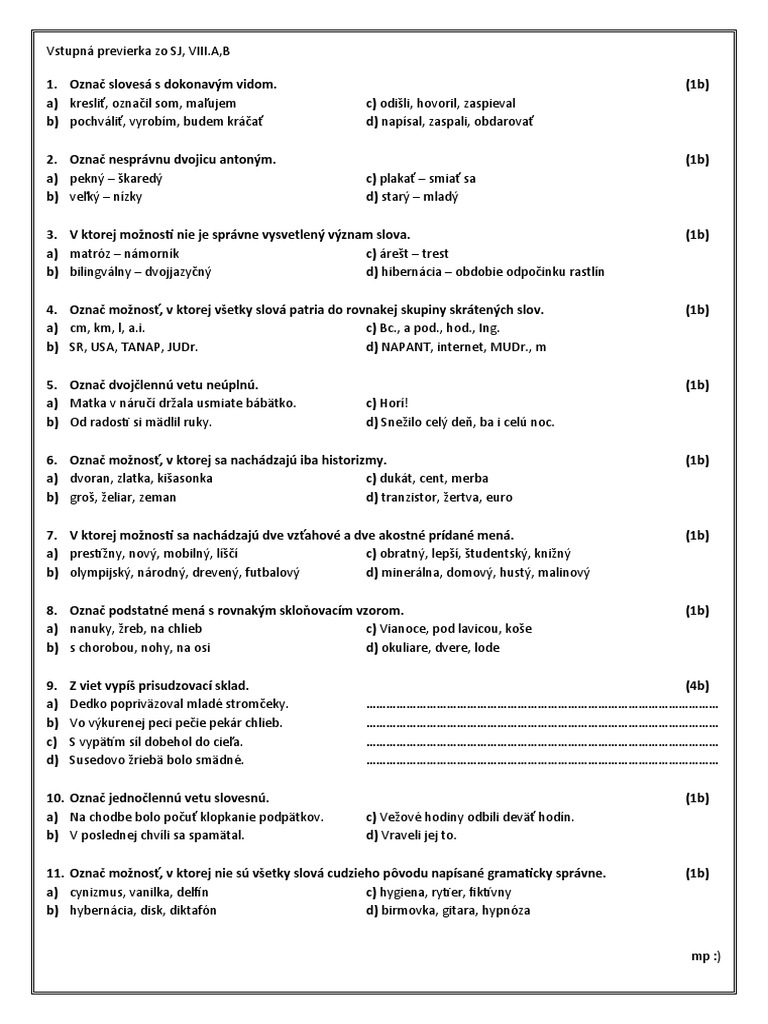 Opakovanie Učiva Zo 7.ročníka (Alebo Aj Vstupná Previerka Zo SJ 8) | PDF