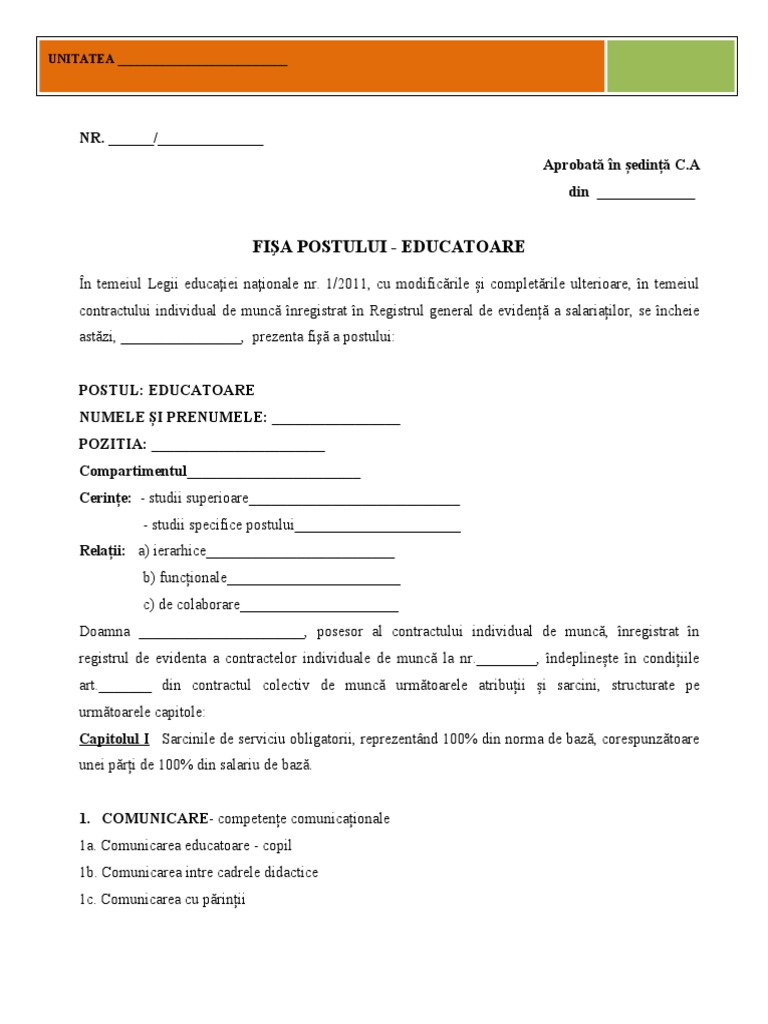 4 Fisa Post Educatoare | PDF