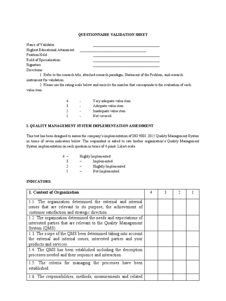 ISO 9001:2015 QMS Validation Sheet | PDF