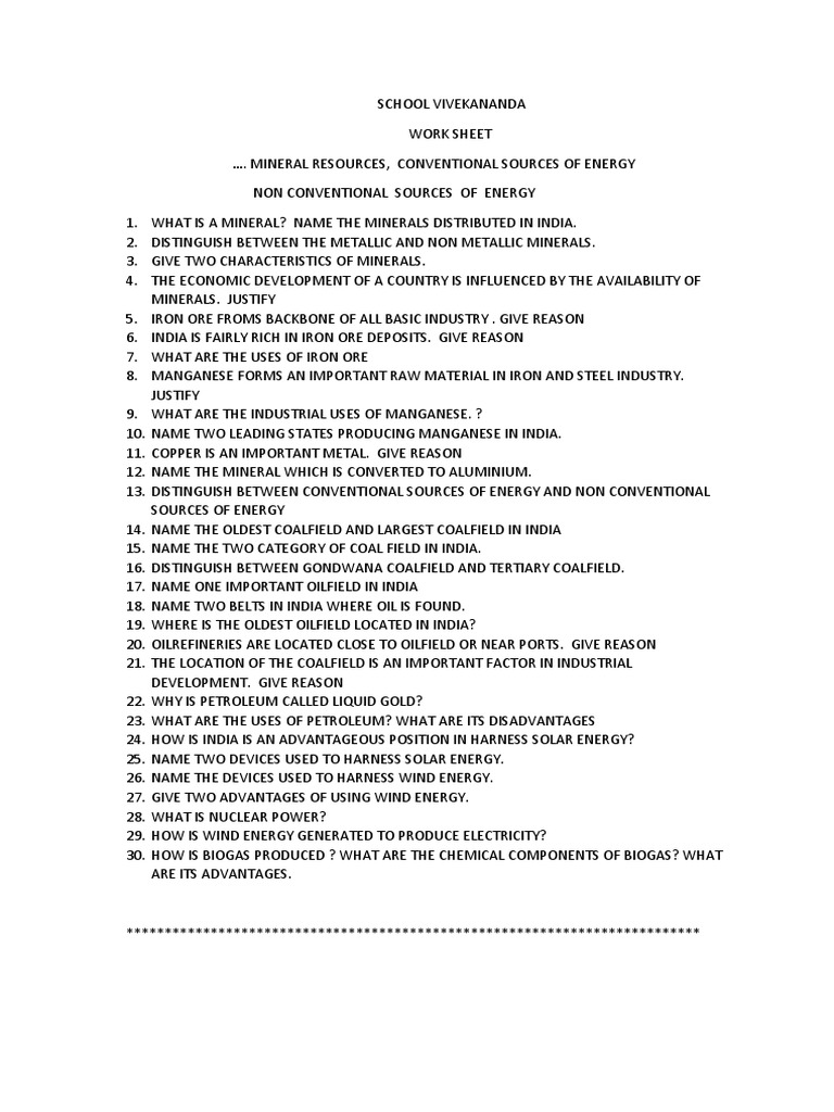 Mineral and Energy Resources Worksheet | PDF