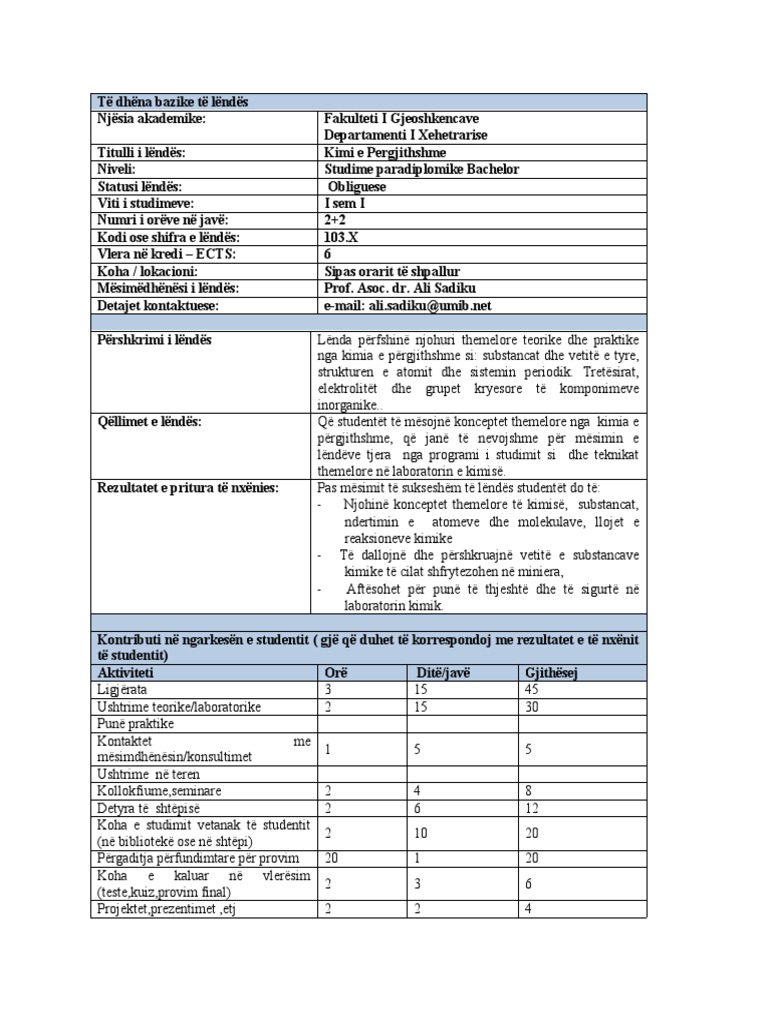Kimia e Pergjithshme 1 | PDF