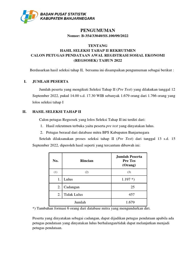 Pengumuman-Seleksi Tahap 2 (Final) | PDF