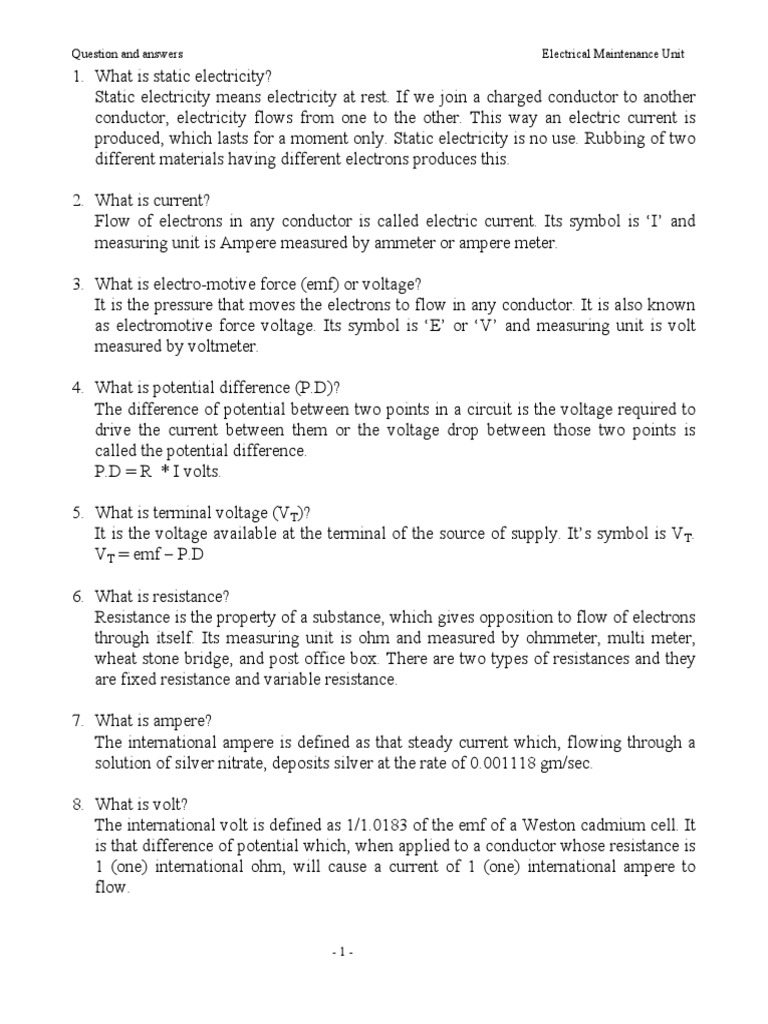 Question and Answers Electrical Maintena | PDF | Capacitor | Electromagnetic Induction