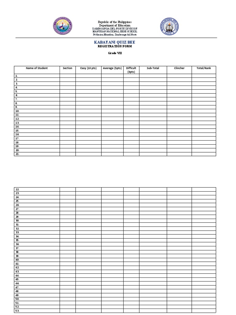 Quiz Bee Registration Form | PDF | Philippines