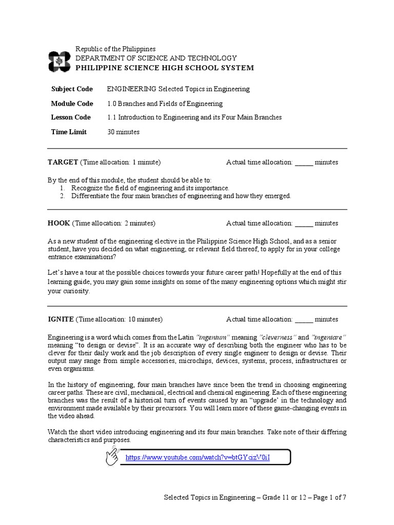 LG 1.1 Introduction To Engineering and Its Four Main Branches | PDF ...