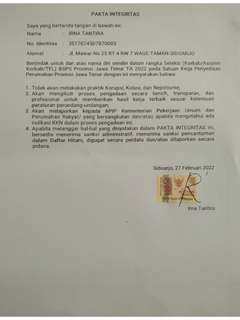 Pakta Integritas TFL BSPS | PDF