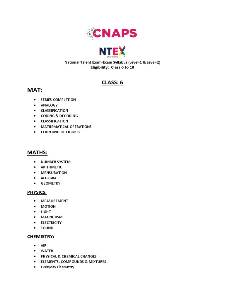 NTEX Exam Syllabus | PDF | Chemistry | Mathematics