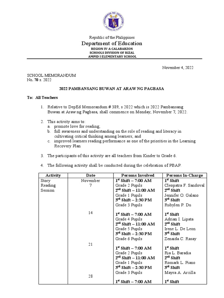 2022 Pambansang Buwan ng Pagbasa Activities | PDF | Government