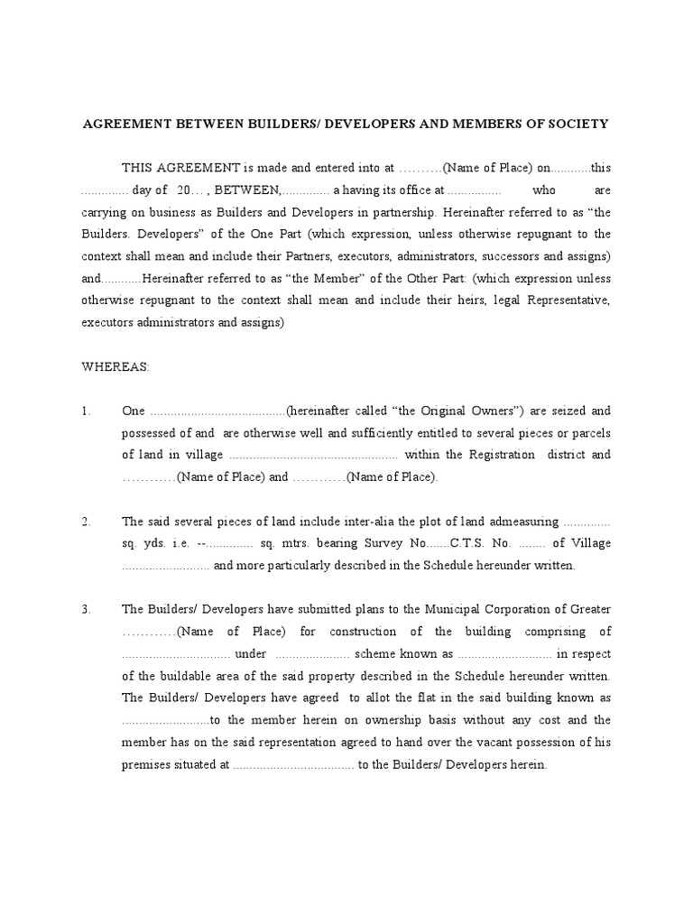 Agreement Between Builders Developers and Members of Society | PDF ...