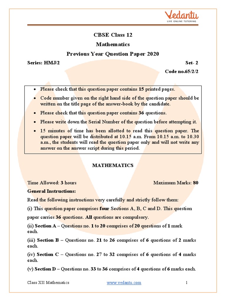 CBSE Class 12 Maths Question Paper 2020 | PDF | Plane (Geometry ...