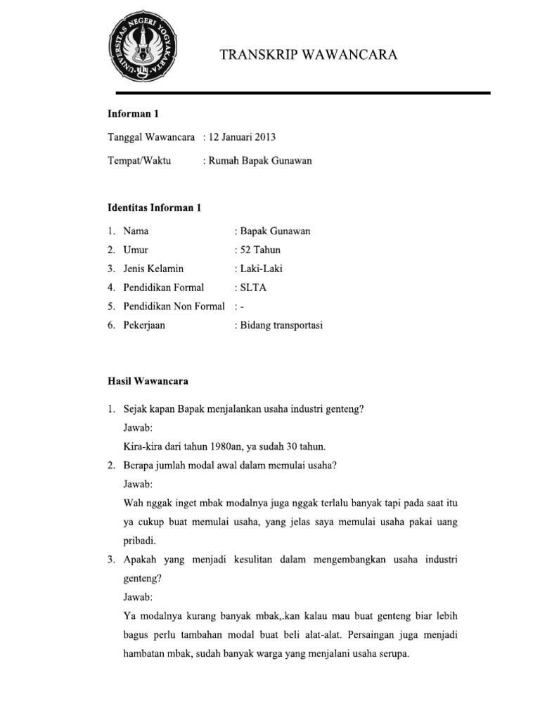 Contoh Transkrip Wawancara | PDF
