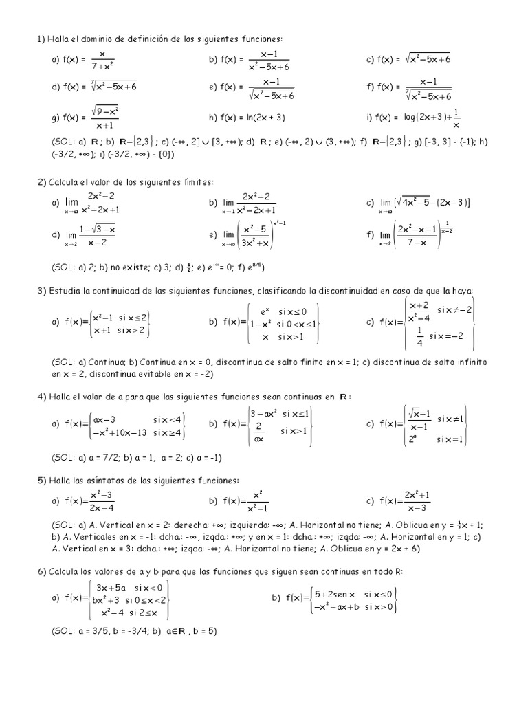 EJERCICIOS REPASO I FUNCIONES (Dom, Lim, Cont, Asínt) | PDF | Análisis ...