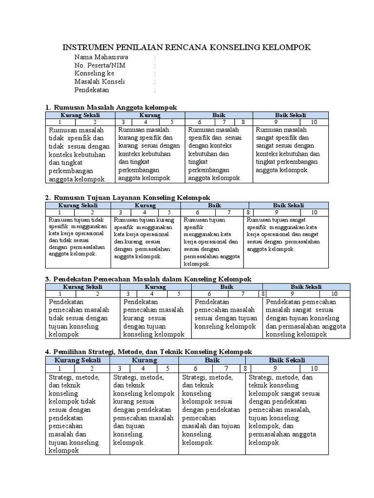 Instrumen Penilaian Rencana & Pelaksanaan Konseling Kelompok | PDF