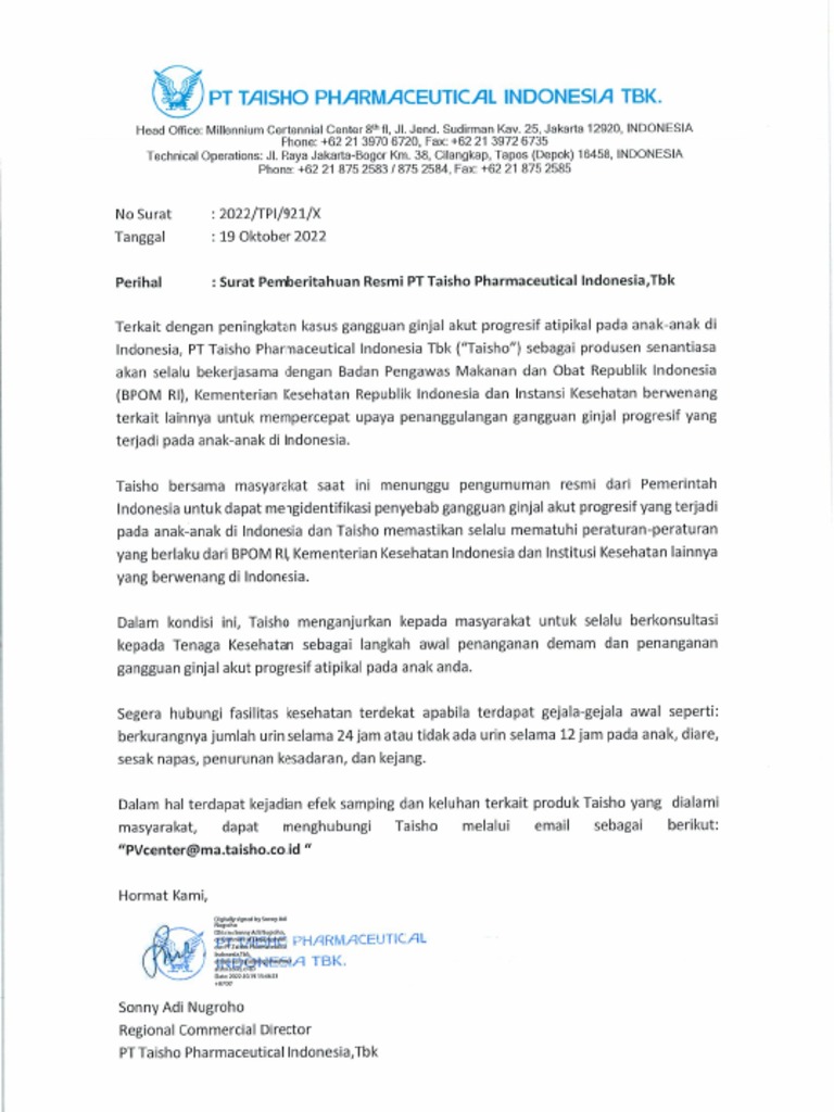 Surat Pemberitahuan Resmi PT Taisho Pharmaceutical Indonesia, TBK | PDF