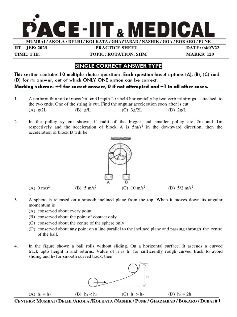 Practice Sheet (Rotation, SHM) Question Paper | PDF | Rotation Around A ...
