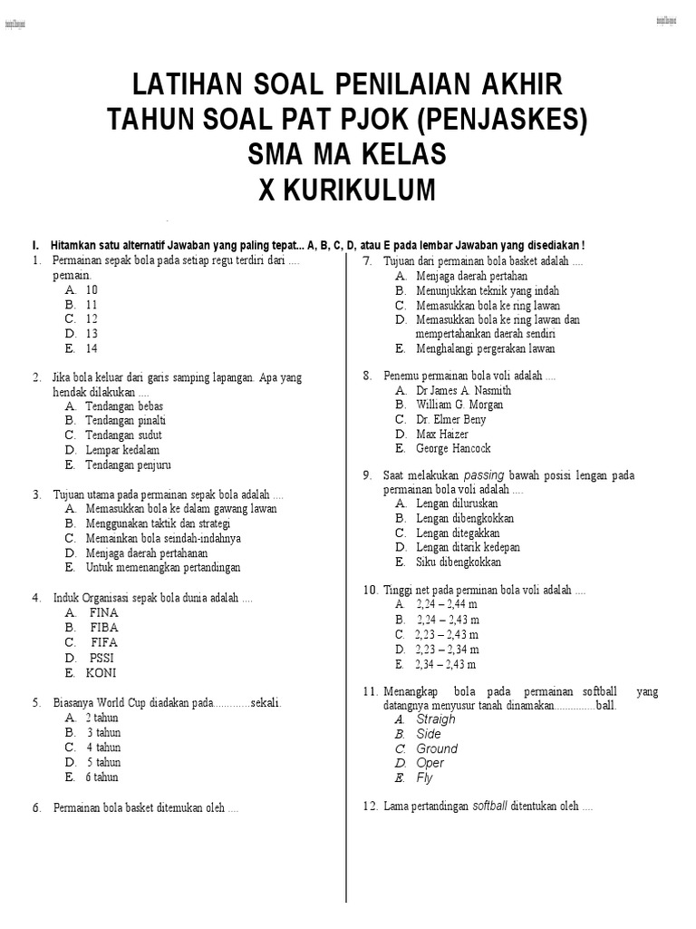 13 Naskah Soal PAT Penjaskes X | PDF