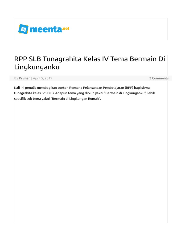 RPP SLB Tunagrahita Kelas IV Tema Bermain Di Lingkunganku-Print | PDF | Karier & Perkembangan ...