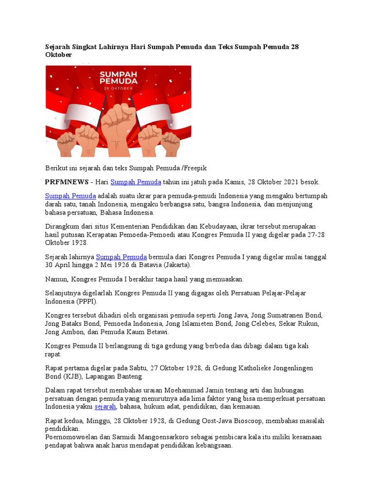 Sejarah Singkat Lahirnya Hari Sumpah Pemuda Dan Teks Sumpah Pemuda 28 Oktober | PDF