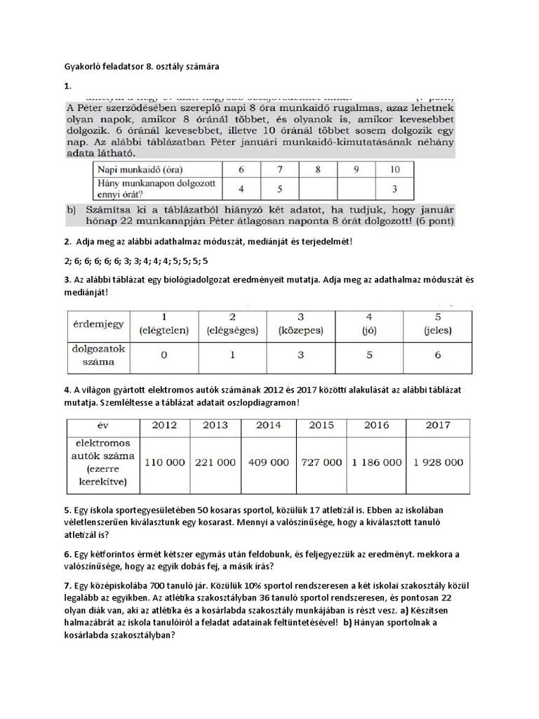 Gyakorló feladatsor 8.o. számára | PDF