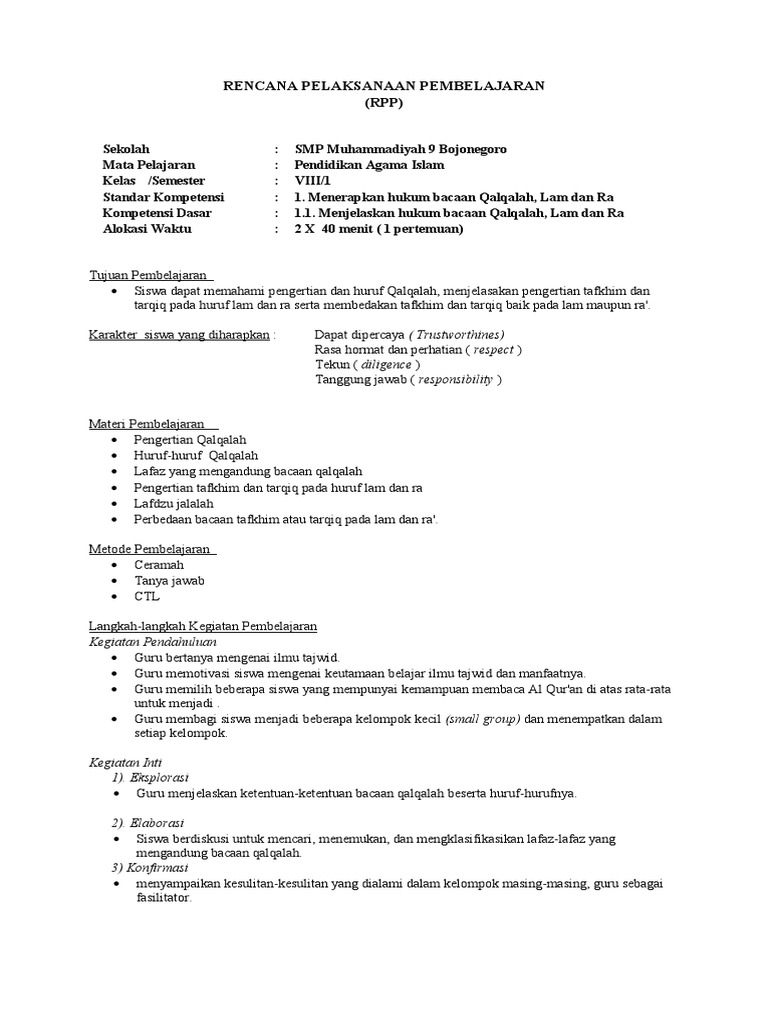 RPP PAI Kelas VIII SMP Muhammadiyah | PDF | Seni & Disiplin Bahasa