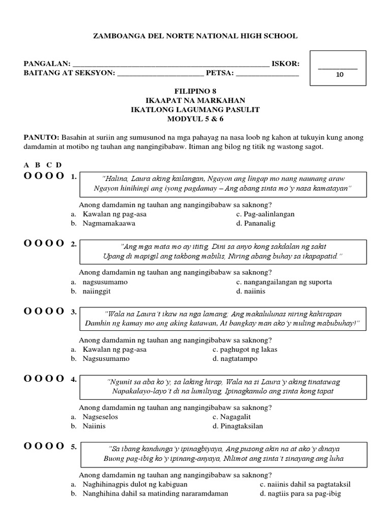 Fil8 Q4 Ikatlong-Lagumang-Pagsusulit | PDF