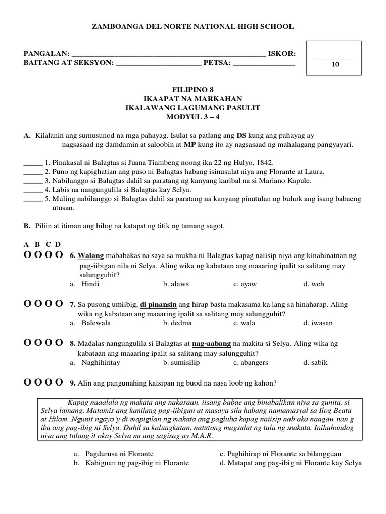 Fil8 Q4 Ikalawang-Lagumang-Pagsusulit | PDF