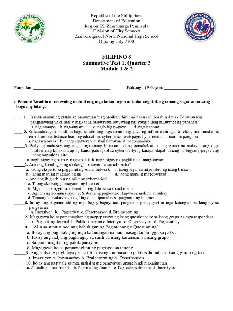 Fil8 q3 Unang Lagumang Pagsusulit | PDF