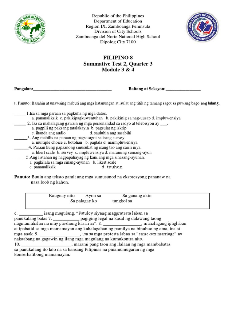 Fil8 q3 Ikalawang Lagumang Pagsusulit | PDF